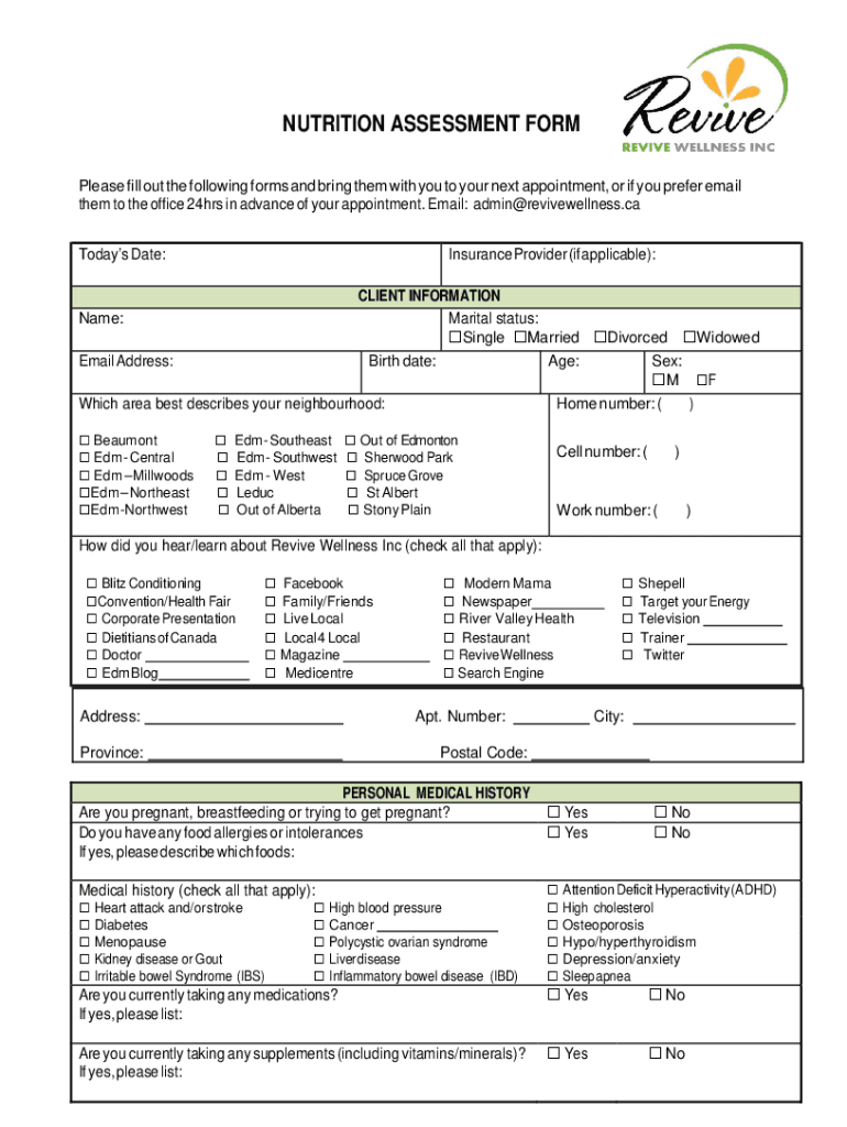 Fillable Online Nutrition Assessment Form - Medical Forms, Letters and ...