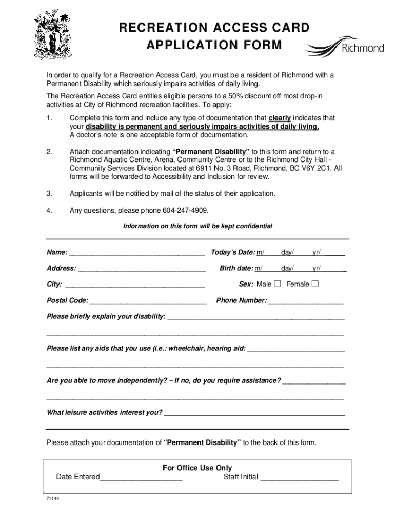 Fillable Online Fillable Online richmond Recreation access card ...