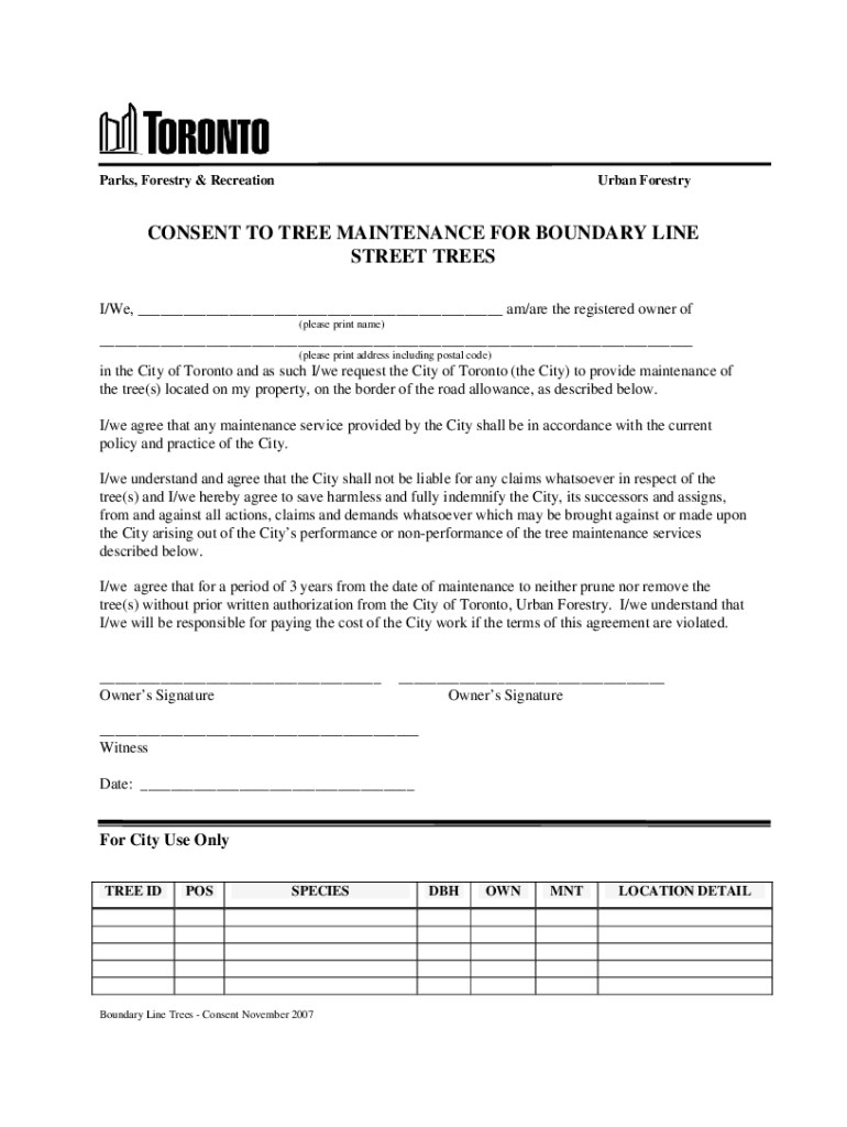 Fillable Online CONSENT TO TREE MAINTENANCE FOR BOUNDARY LINE STREET ...