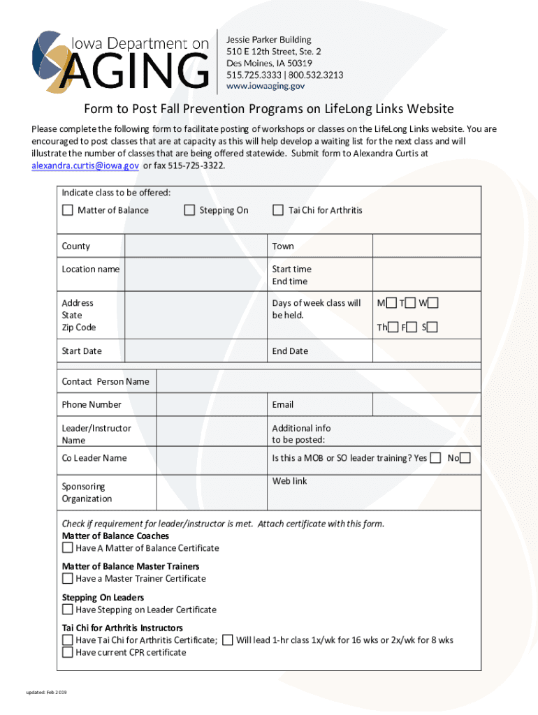 Fillable Online Form to Post Fall Prevention Programs on LifeLong Links ...