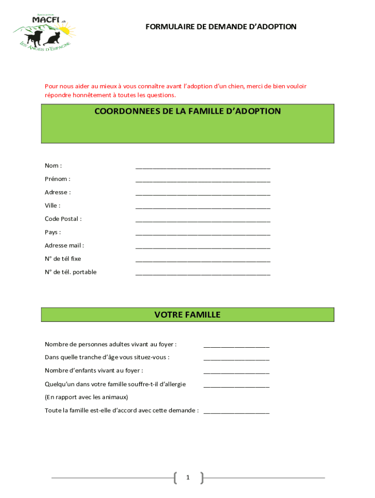 Papier D'adoption - Remplir en ligne, Imprimé, Fillable, Vide | pdfFiller