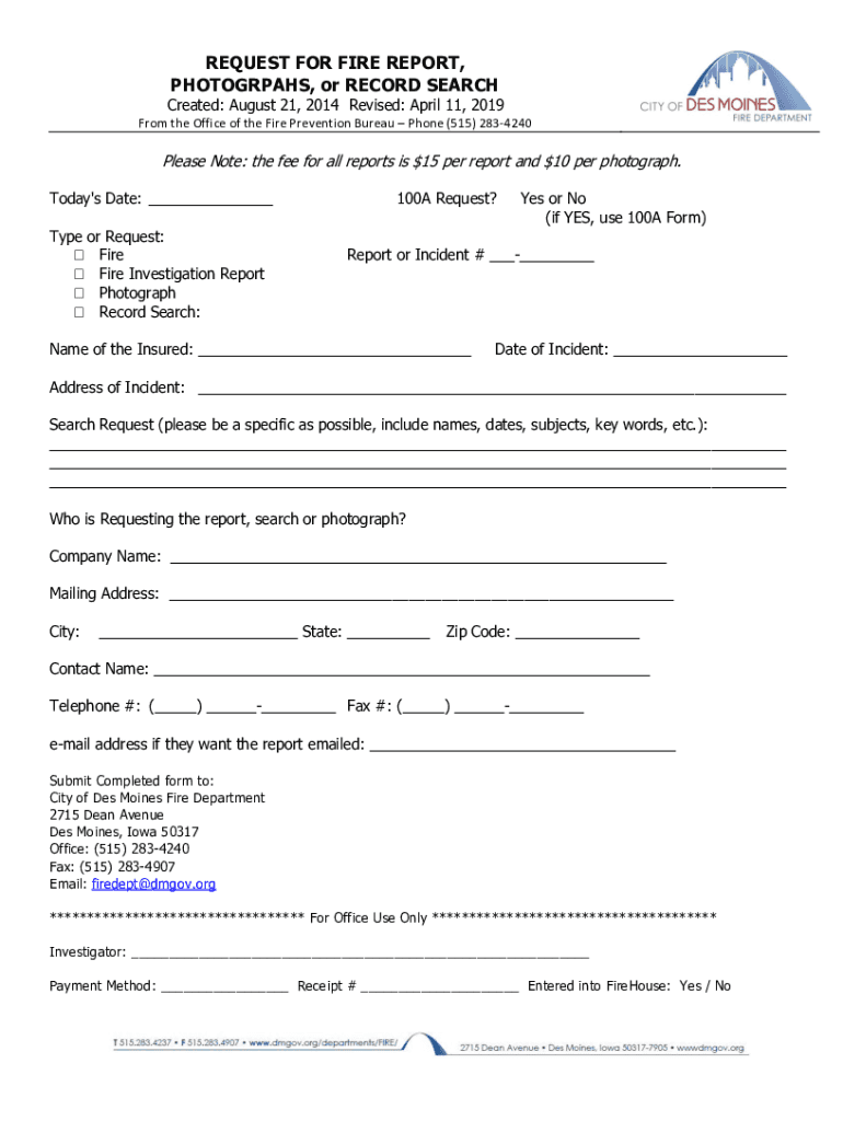 Fillable Online REQUEST FOR FIRE REPORT, Fax Email Print - pdfFiller