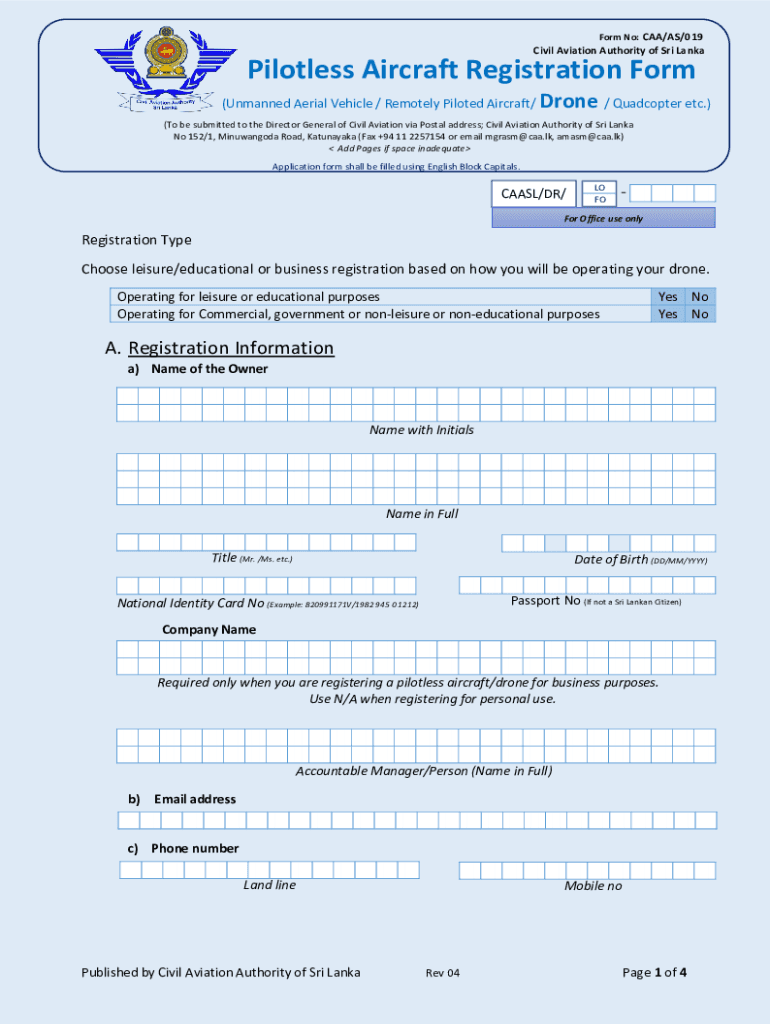 Fillable Online Form No: Application for Operation of Pilotless ...