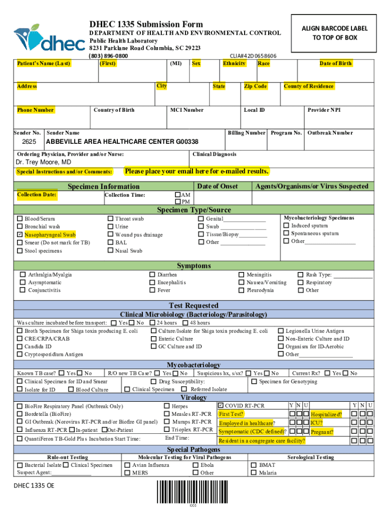 Fillable Online DHEC 1335 Submission Form ALIGN BARCODE LABEL ...