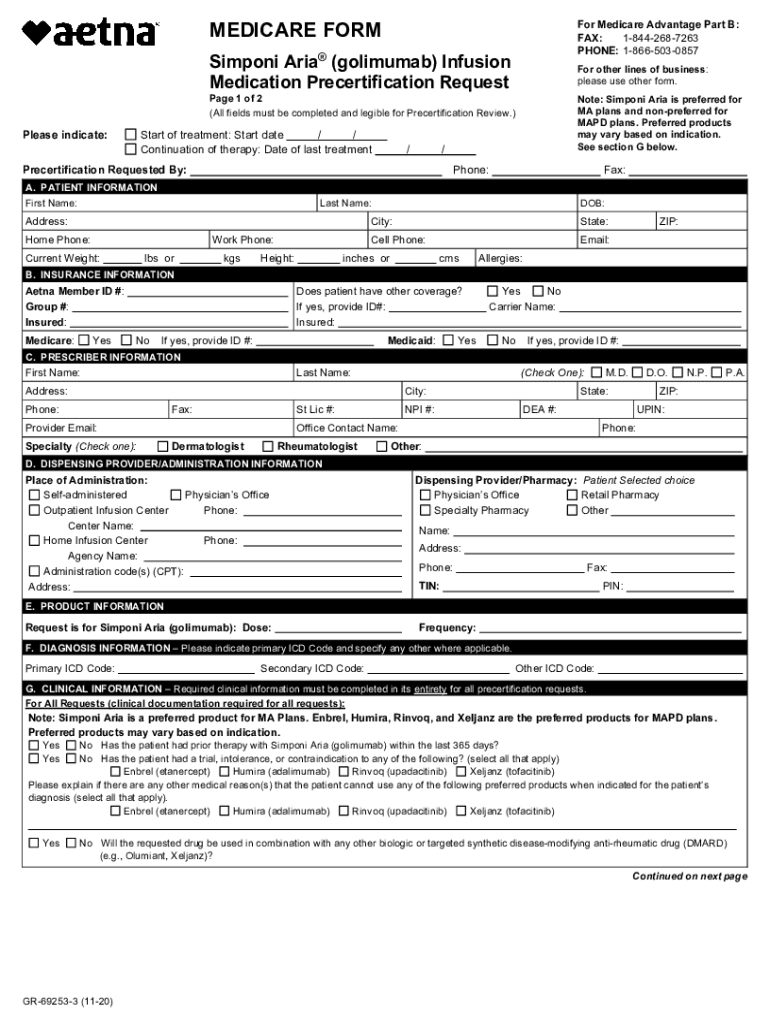 Fillable Online Aetna Rx - MEDICARE FORM - Aria () Infusion Medication Precertification Request ...