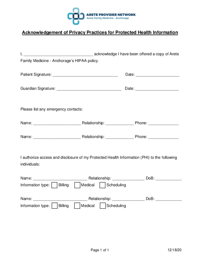 Fillable Online Acknowledgement of Privacy Practices for Protected ...