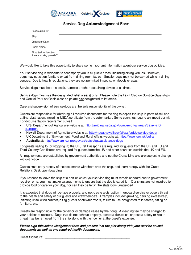 Fillable Online Service Animal Acknowledgement Form - October 2015.doc ...