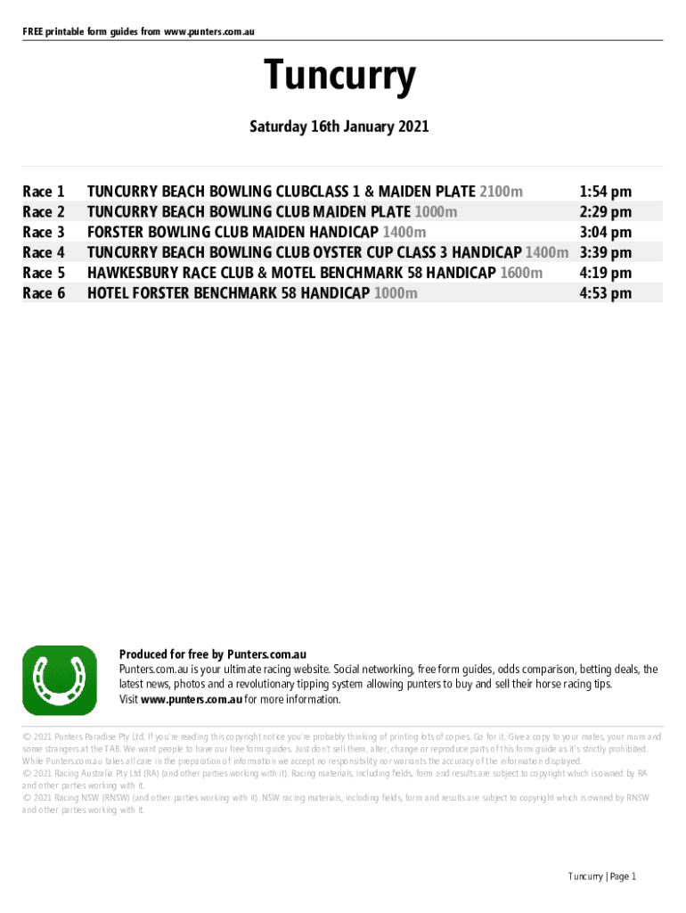 Fillable Online Tuncurry Printable Form Guide - Saturday 16th January ...