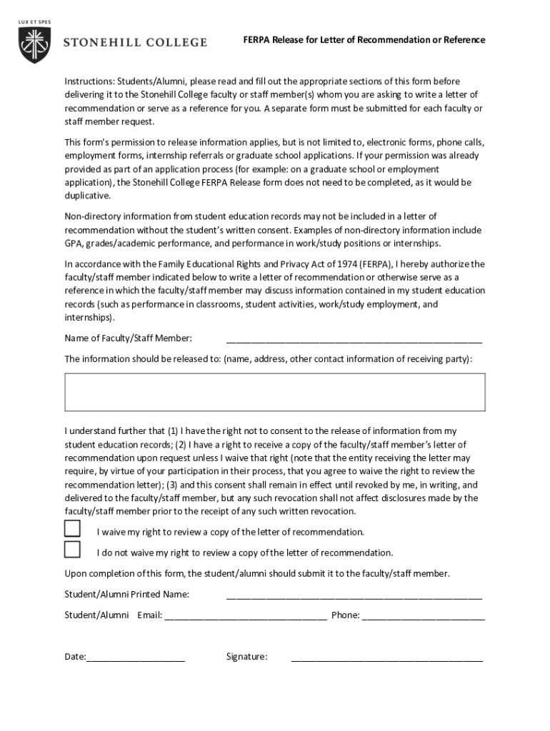 Fillable Online FERPA Release for Faculty/Staff Letter of ...
