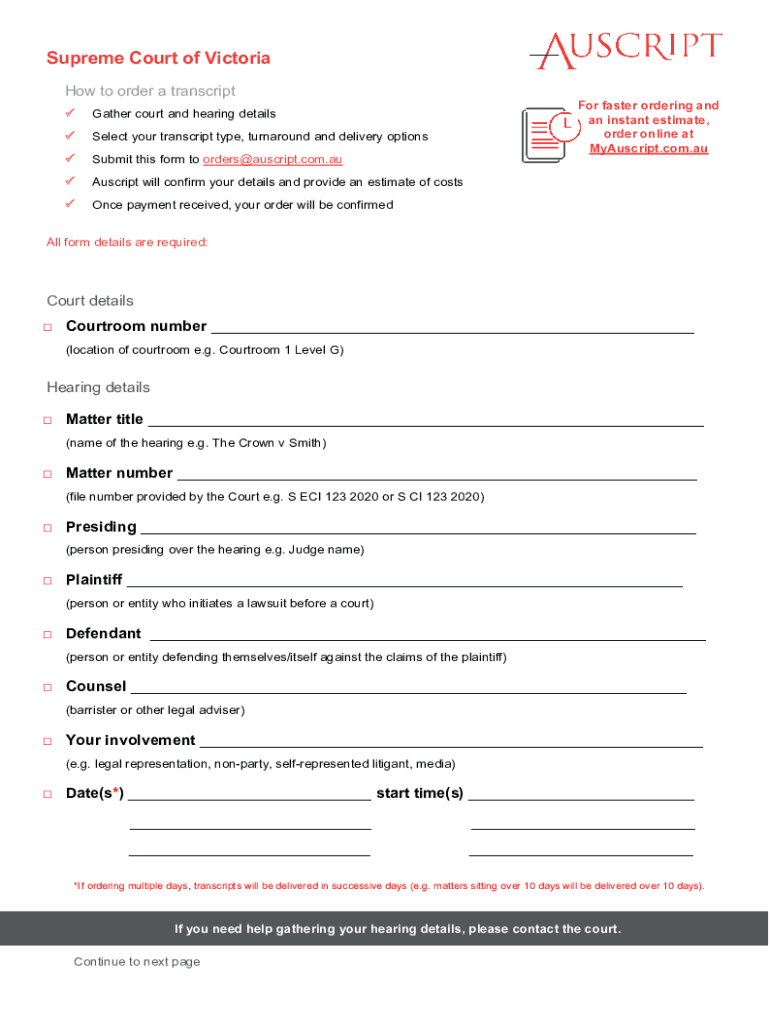 Fillable Online Auscript - Transcript Order FormThe Supreme Court of ...