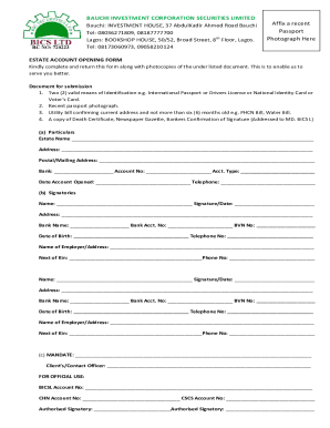 Fillable Online Estate Account Opening Form - Bauchi Investment ... Fax ...