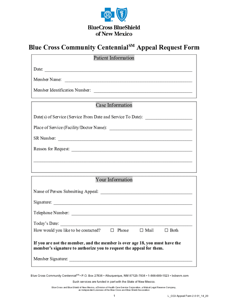 Fillable Online Blue Cross Community Centennial Appeal Request Form Fax ...