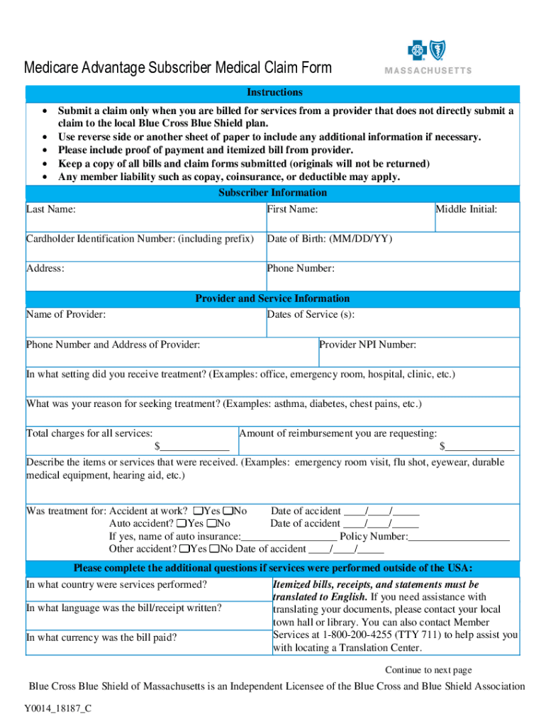 Fillable Online 2019 Medicare Advantage Subscriber Claim Form 9.12.2018 ...