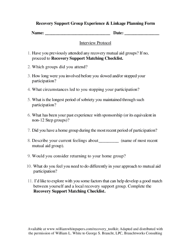 Fillable Online Recovery Support Group History and Linkage Planning ...