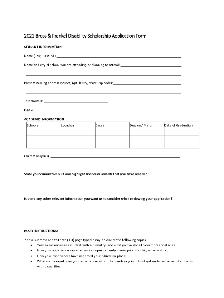 Fillable Online 2021 Bross & Frankel Disability Scholarship Application ...