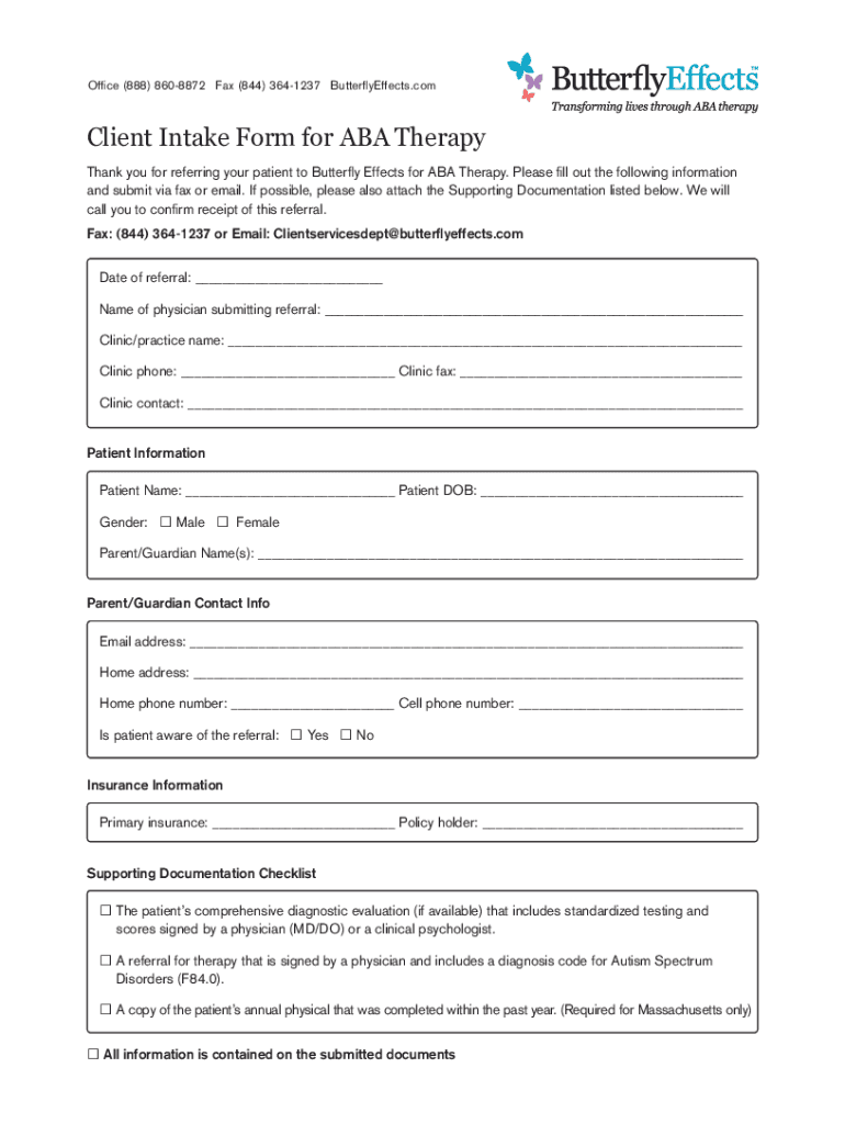 Fillable Online Client Intake Form for ABA Therapy - Butterfly Effects ...