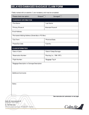 Fillable Online DELAYED/DAMAGED BAGGAGE CLAIM FORM Fax Email Print ...