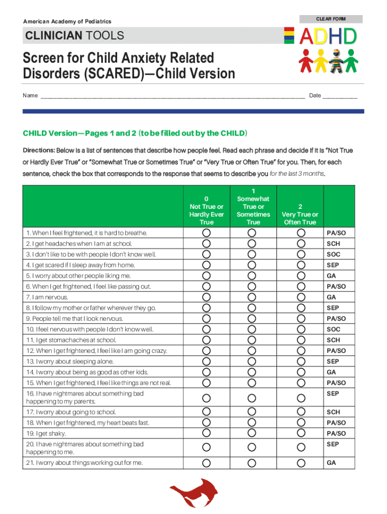 Fillable Online Screen for Child Anxiety Related Disorders (SCARED)Child Version Fax Email Print ...