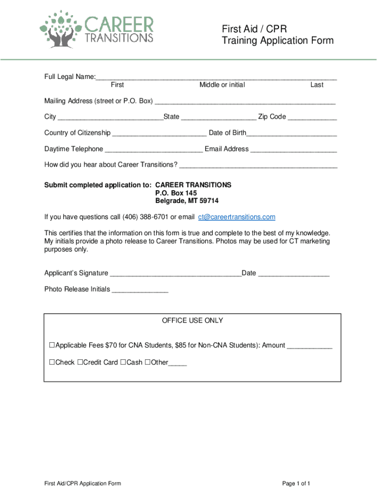 Fillable Online First Aid / CPR Training Application Form Fax Email ...