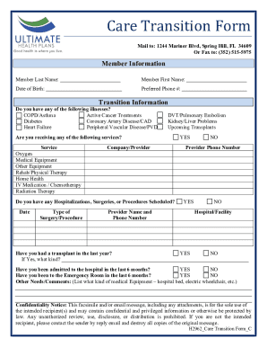 Fillable Online Ultimate Health Plans 2021 Care Transition Form ...