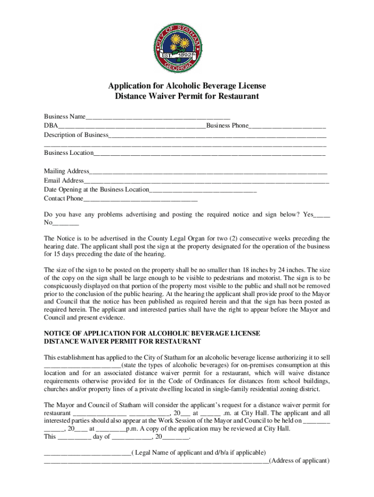Fillable Online Distant Waiver Permit for Restaurant Fax Email Print ...