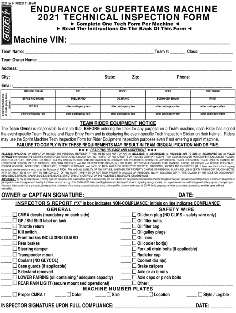 Fillable Online ENDURANCE MACHINE 2021 TECHNICAL INSPECTION FORM ...