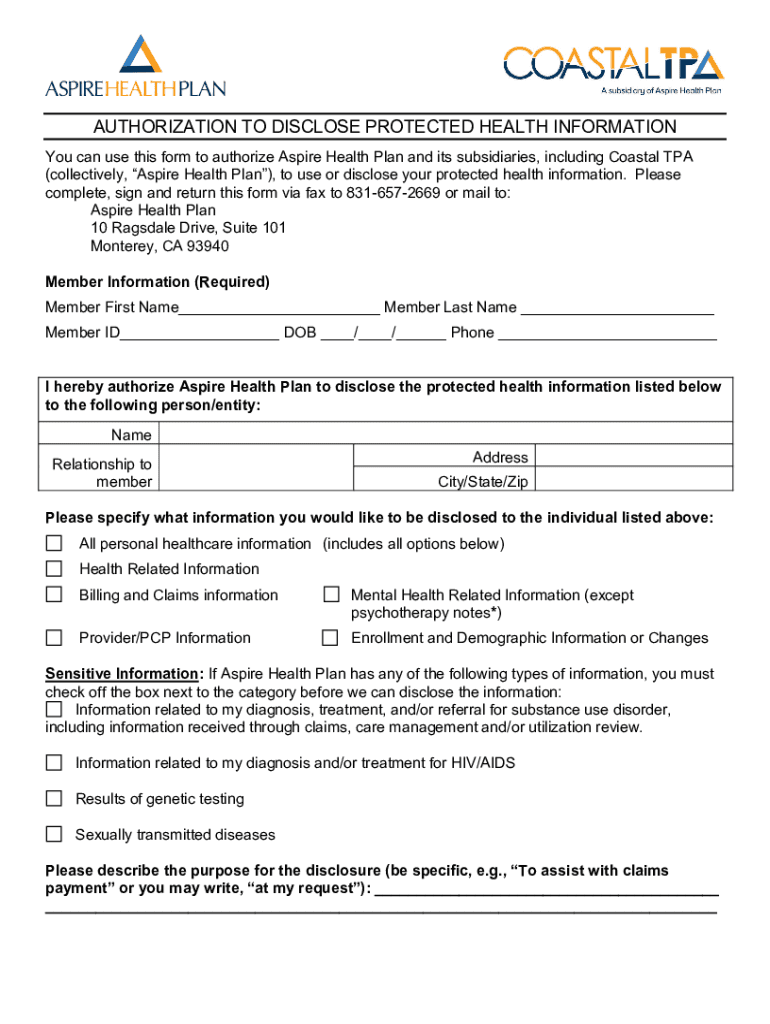Fillable Online You can use this form to authorize Aspire Health Plan ...