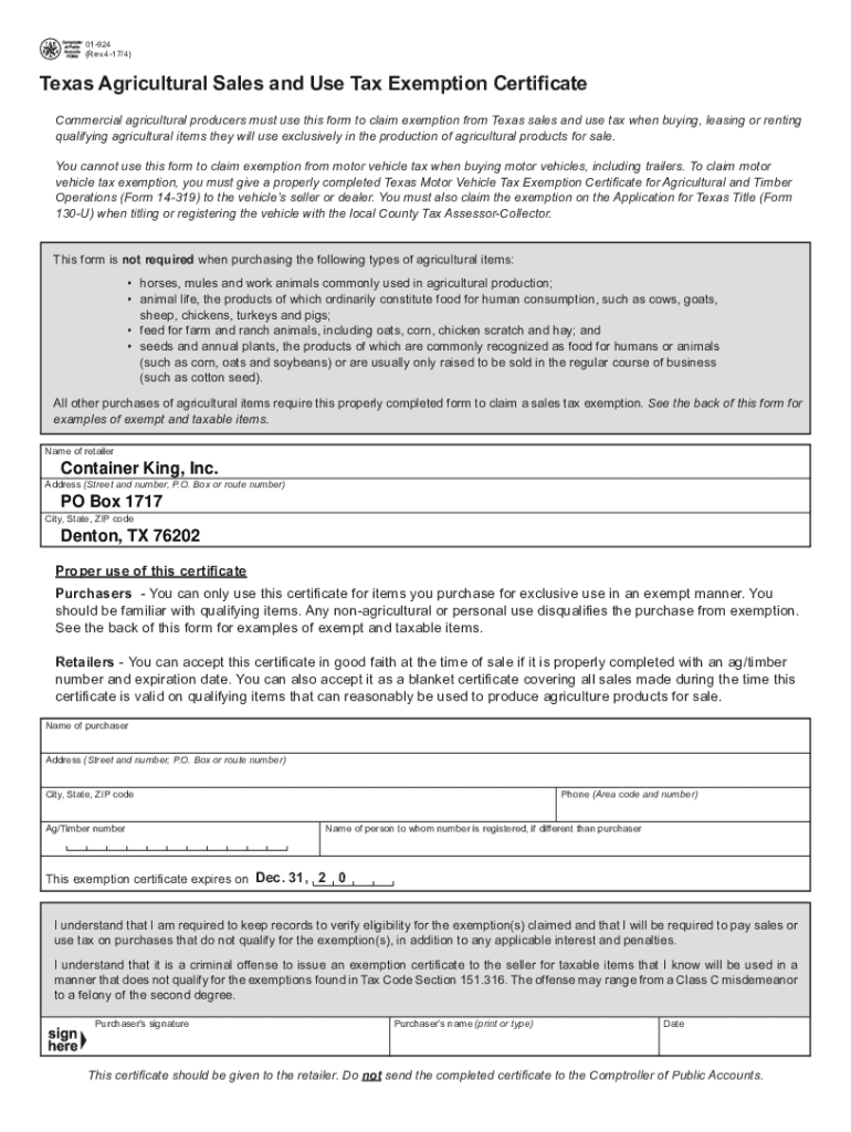 Fillable Online Texas Agricultural Sales and Use Tax Exemption ...Texas ...