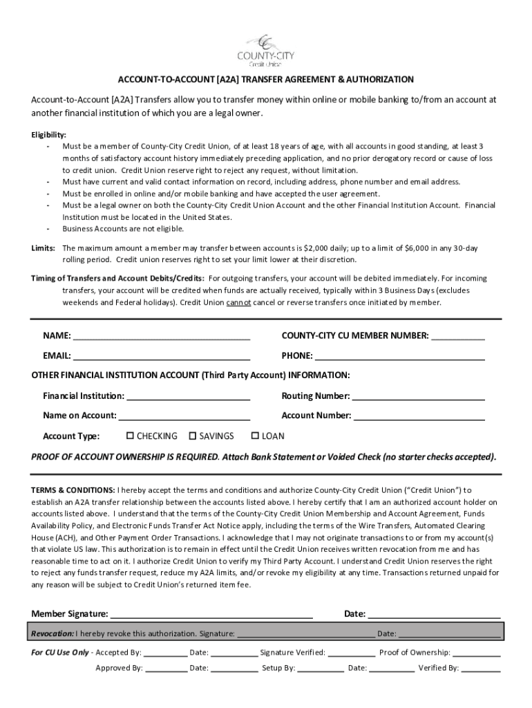 Fillable Online Account-To-Account (A2A) Agreement and Authorization ...