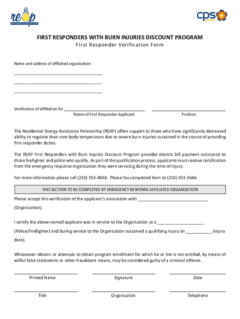 Fillable Online Verification Form - First Responders with Burn Injuries ...