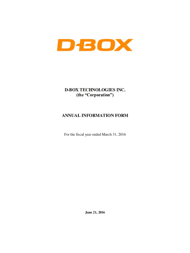 Fillable Online D-BOX TECHNOLOGIES INC. (the Corporation) Fax Email Print - pdfFiller