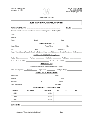 Fillable Online 2021 MARE INFORMATION SHEET - Darby Dan Fax Email Print - pdfFiller