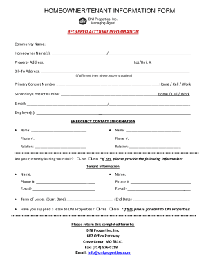 Fillable Online HOMEOWNER/TENANT INFORMATION FORM - DNI Properties Fax ...