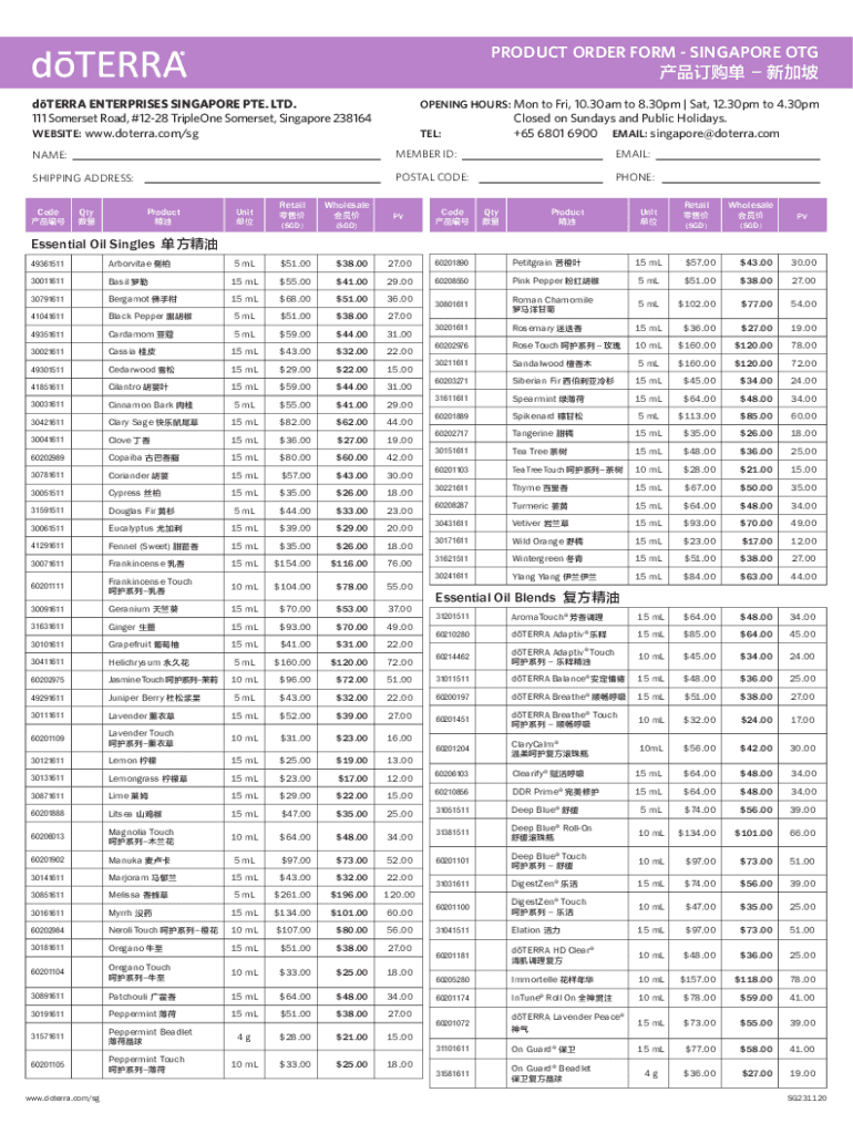 Fillable Online PRODUCT ORDER FORM - SINGAPORE OTG - doTerra Fax Email ...