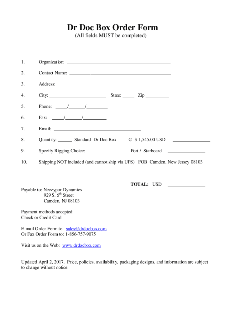 Fillable Online Dr Doc Box Order Form Fax Email Print - pdfFiller