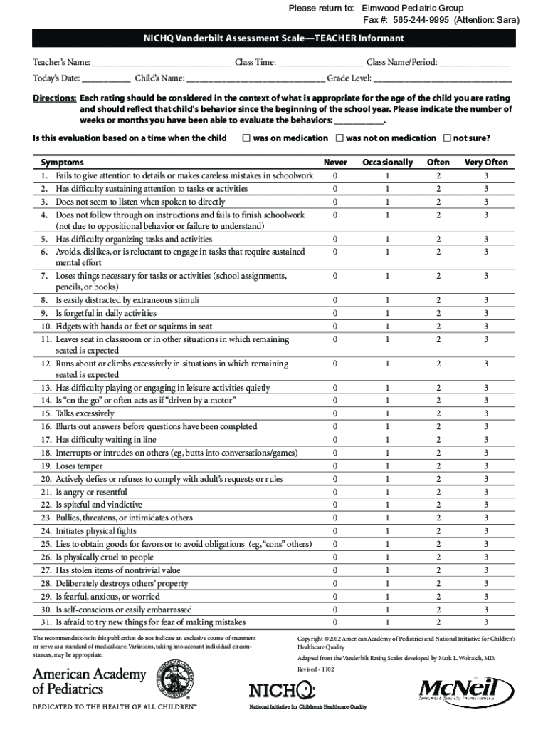 Fillable Online Vanderbilt Assessment Teacher Form - Elmwood Pediatrics ...