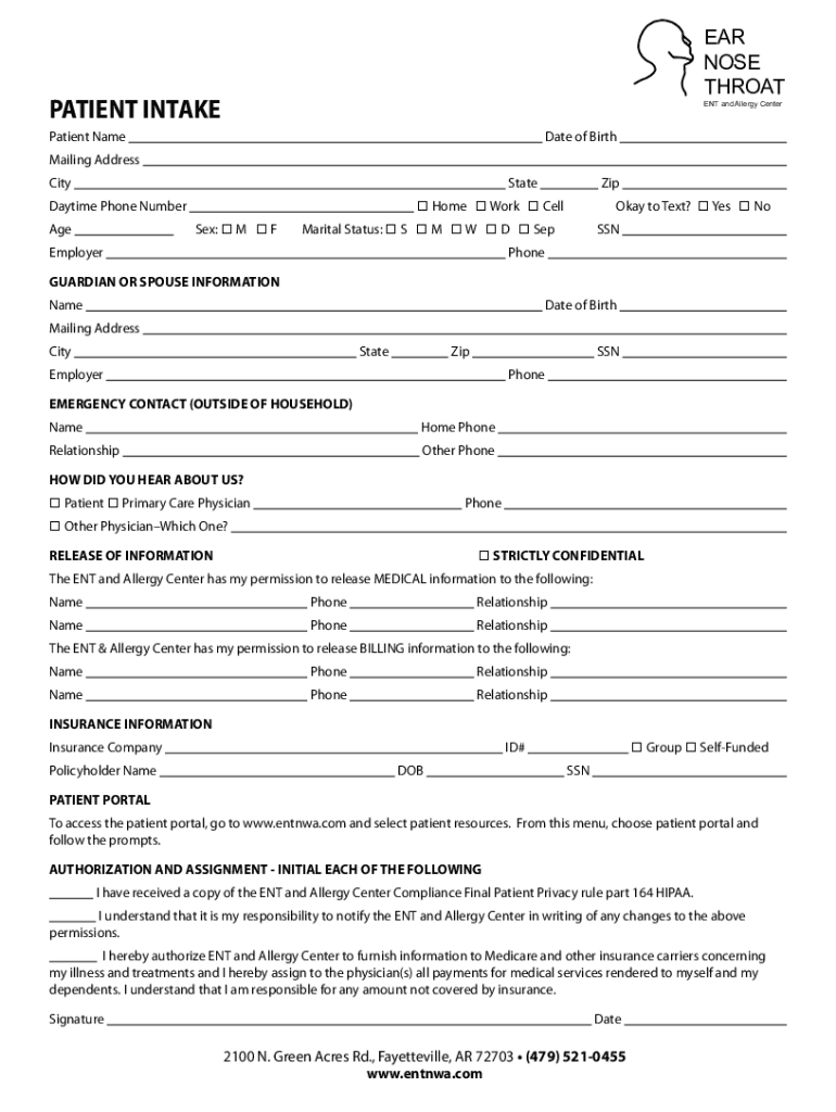 Fillable Online EAR NOSE THROAT PATIENT INTAKE ENT and Allergy Center ...