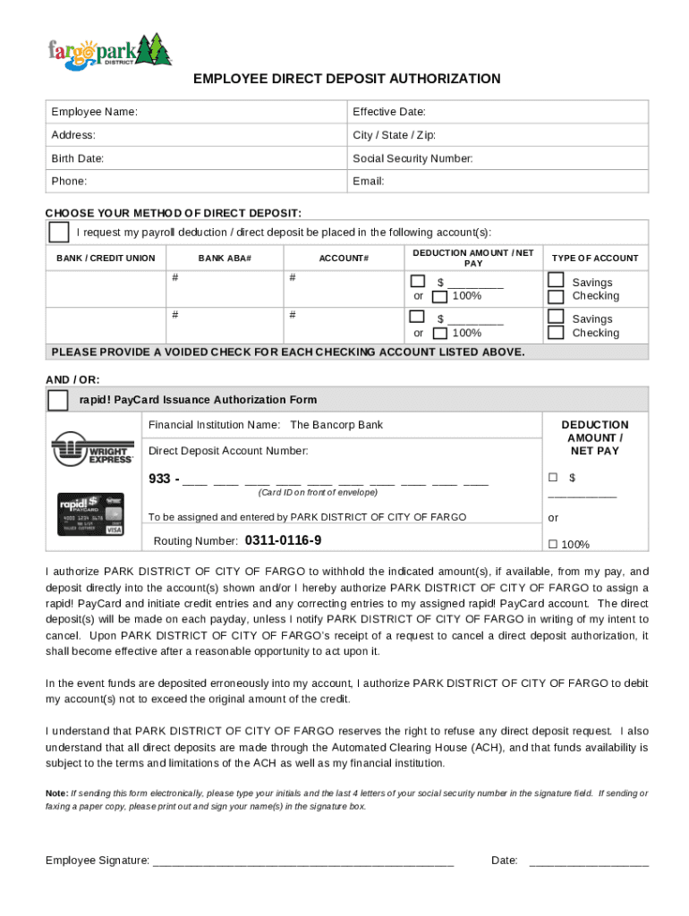 Fillable Online 1 Employee Direct Deposit Authorization ENG Fax Email ...