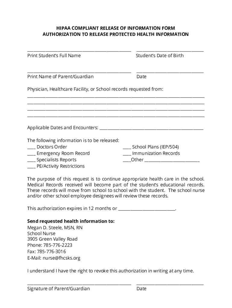 Fillable Online HIPAA COMPLIANT RELEASE OF INFORMATION FORM Fax Email ...