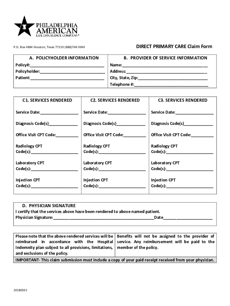 Fillable Online DIRECT PRIMARY CARE Claim Form Fax Email Print - pdfFiller
