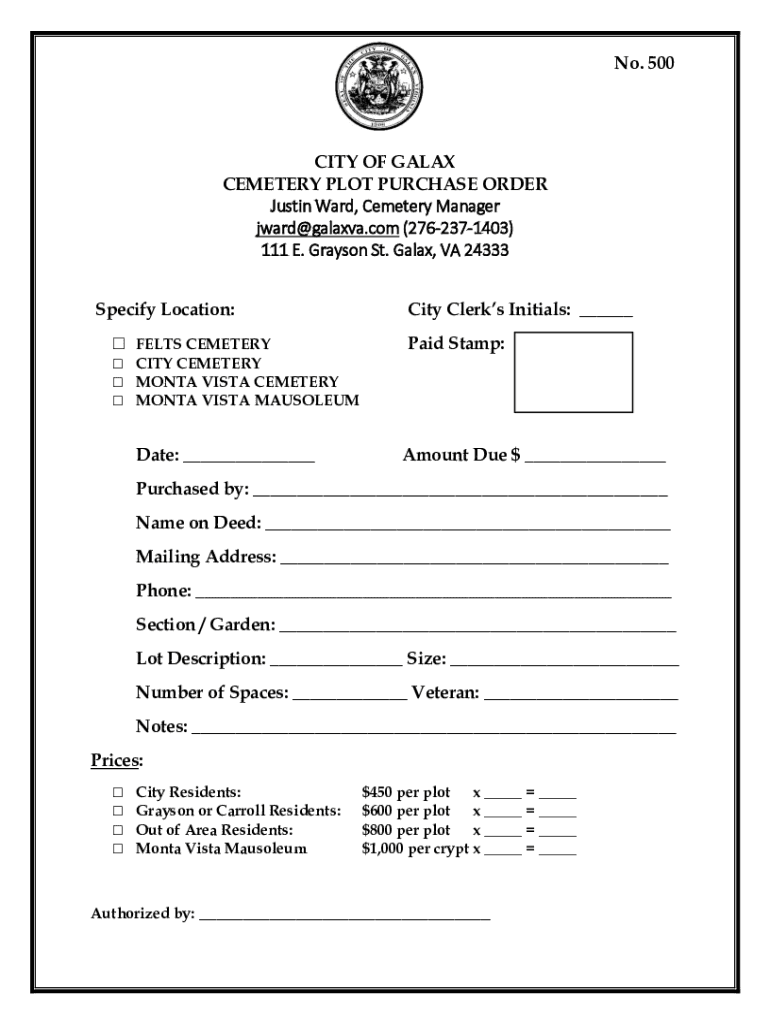 Fillable Online No. 500 CITY OF GALAX CEMETERY PLOT PURCHASE ORDER ...