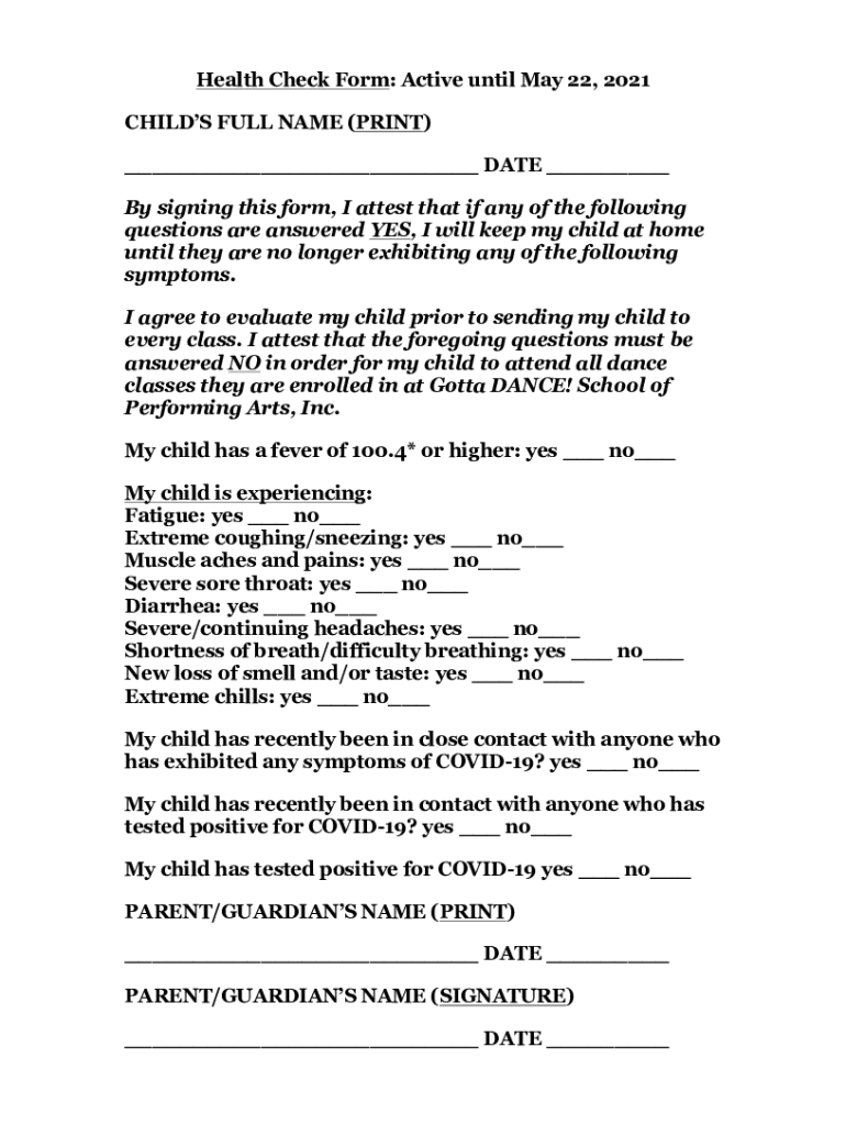 Fillable Online Health Check Form: Active until May 22, 2021 CHILDS ...