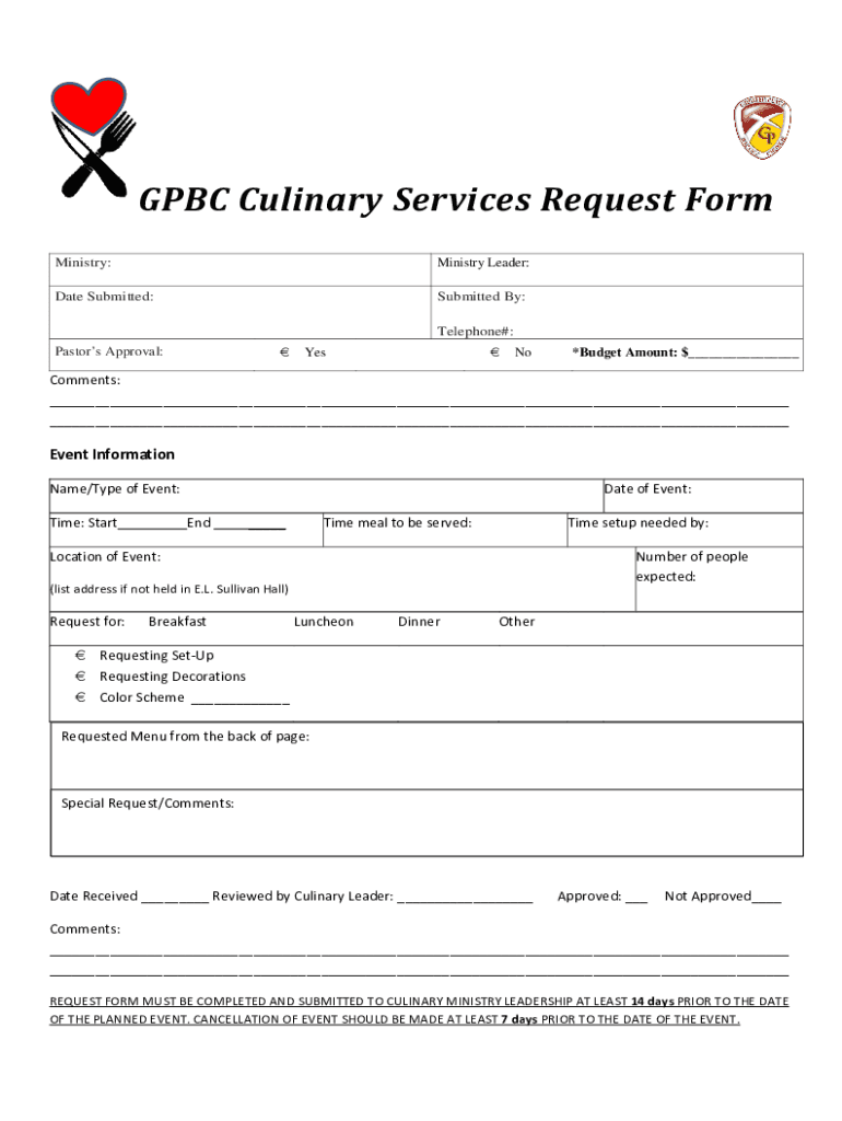 Fillable Online GPBC Culinary Services Request Form (1) Fax Email Print ...