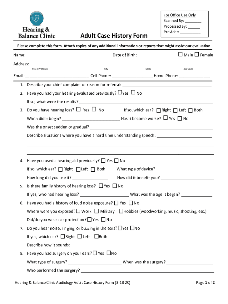 Fillable Online Adult Case History Form - Hearing & Balance Clinic Fax ...