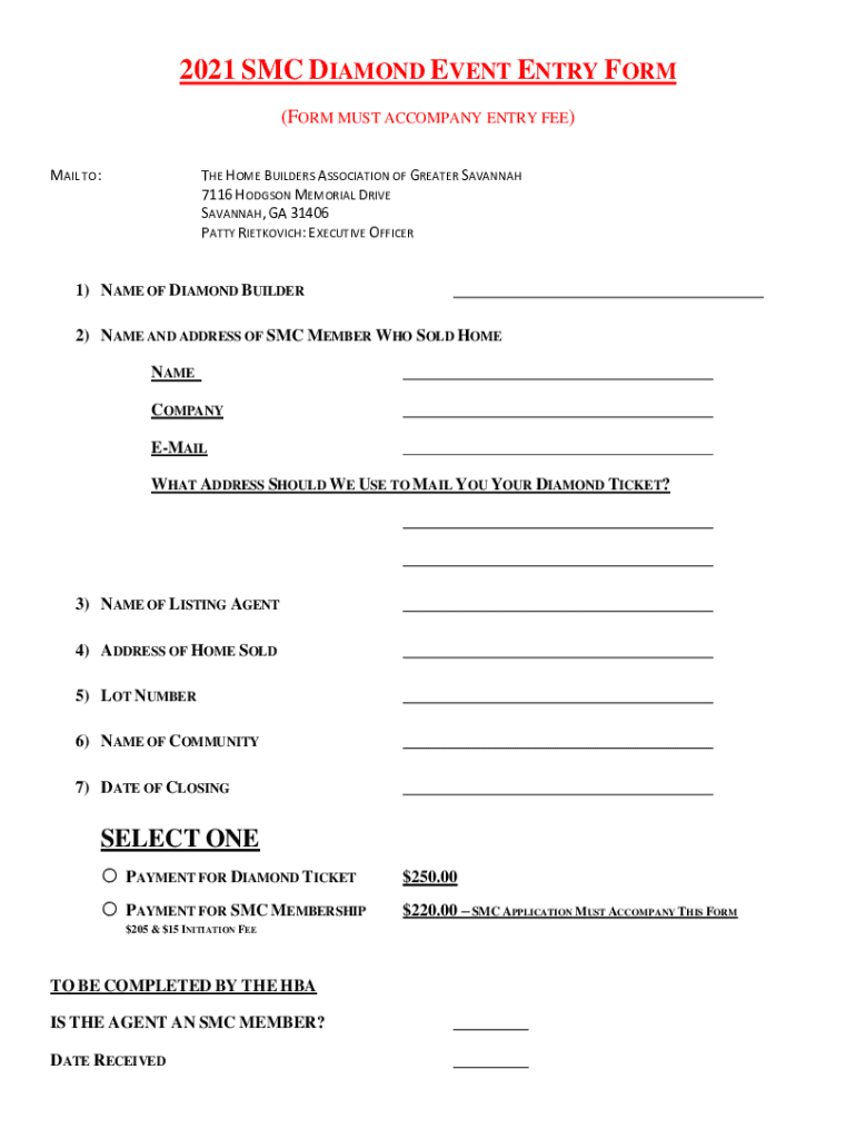 Fillable Online 2021 SMC DIAMOND EVENT ENTRY FORM Fax Email Print ...