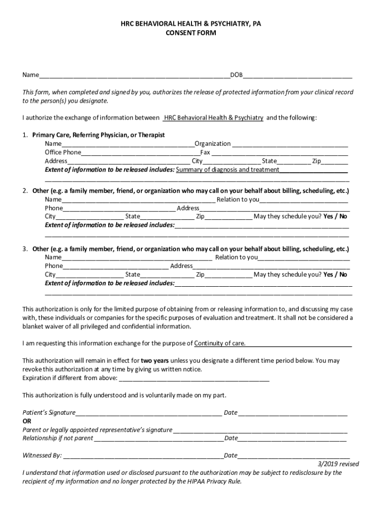 Fillable Online HRC BEHAVIORAL HEALTH & PSYCHIATRY, PA CONSENT FORM Fax ...