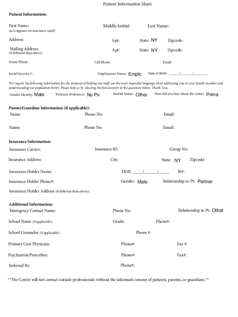 Fillable Online PATIENT INFORMATION SHEET PATIENT NAME: Last First ...