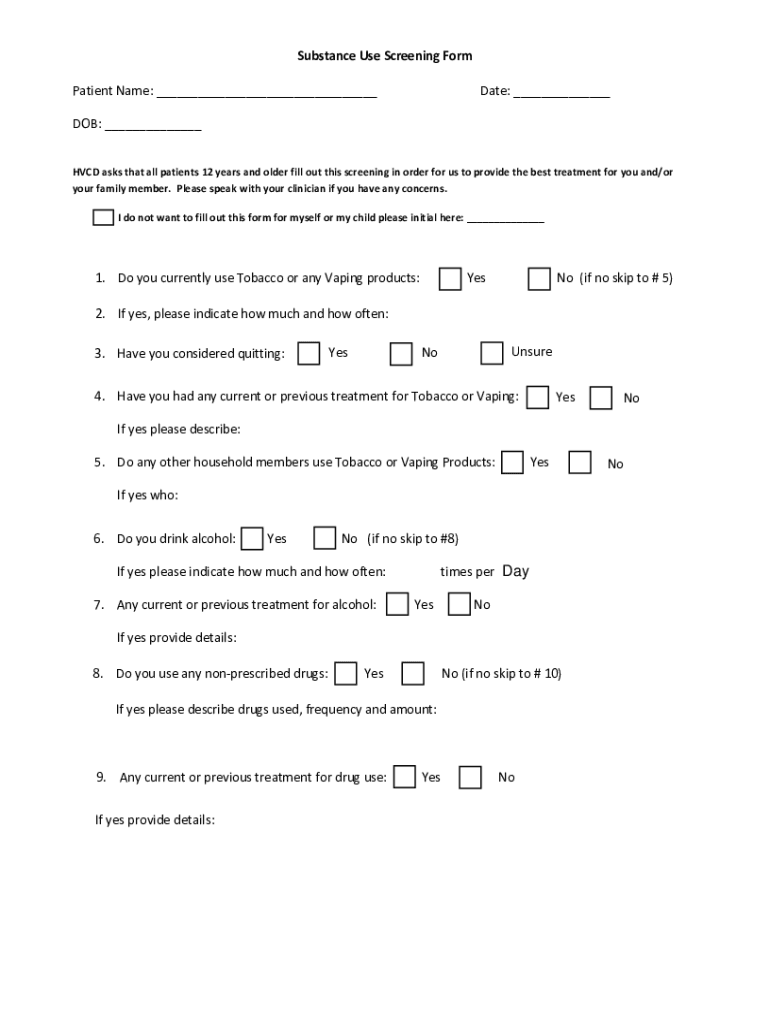 Fillable Online Substance Use Screening Form - Hudson Valley Center for ...