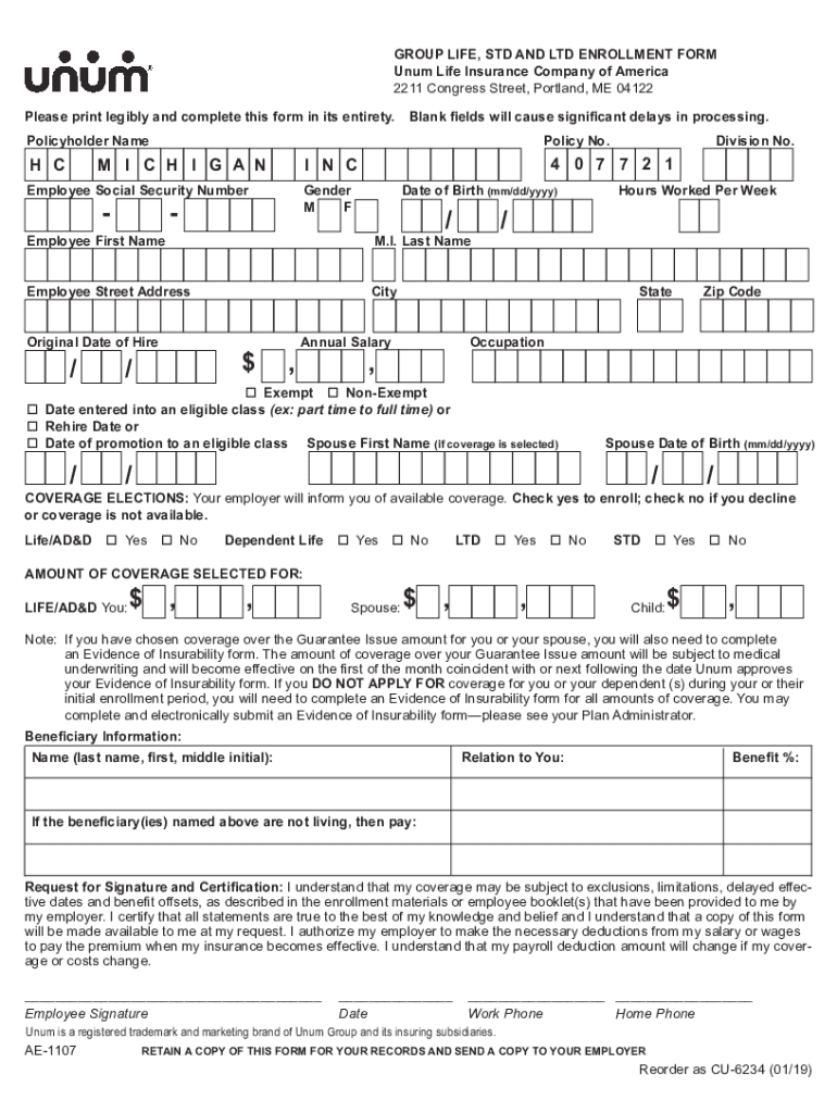 Fillable Online Fillable Online Life - UNUM Enrollment Form Fax Email ...