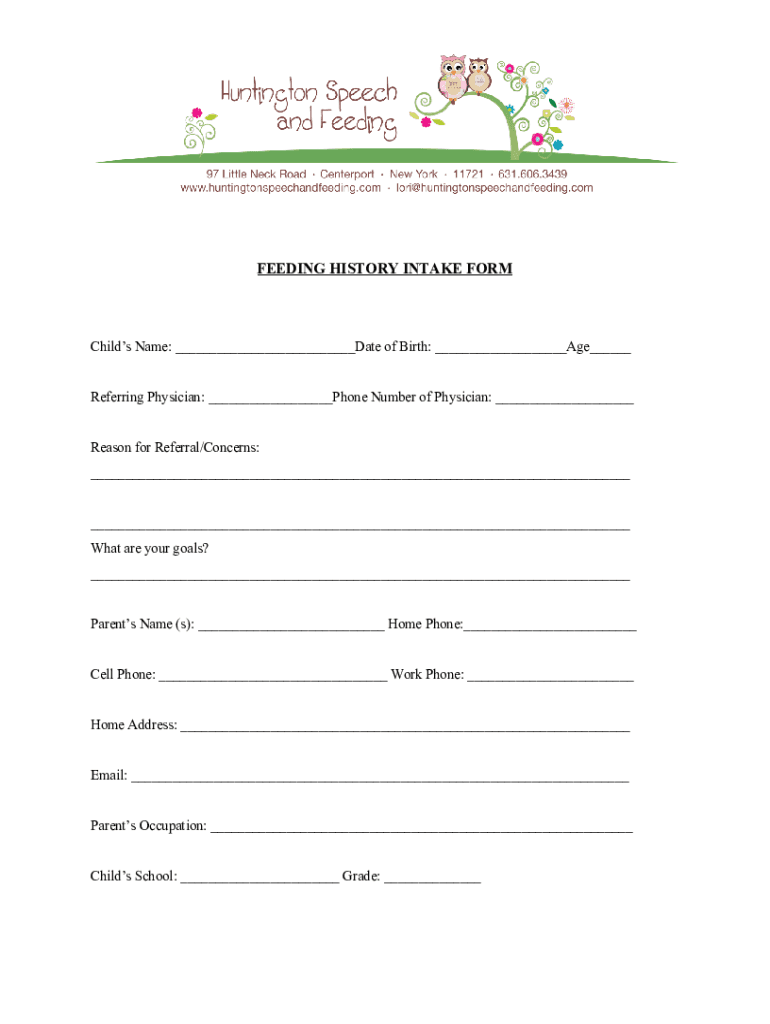 Fillable Online PATIENT MEDICAL HISTORY PEDIATRIC FEEDING THERAPY CASE ...